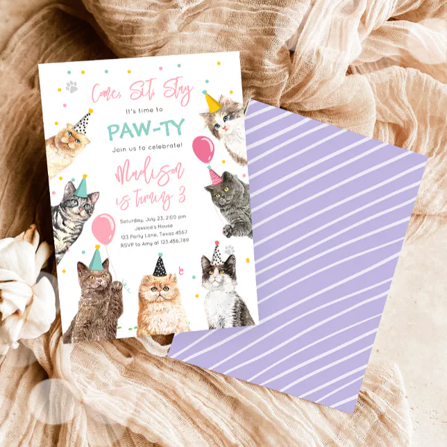 Cat Birthday Invitation Kitten Party Pawty Girl | Zazzle