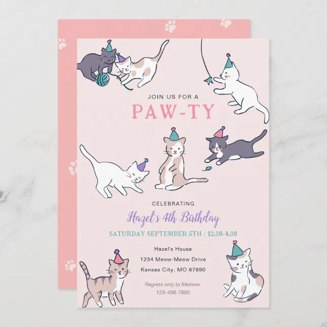 Cat Birthday Invitations with Party Cats | Pink | Zazzle