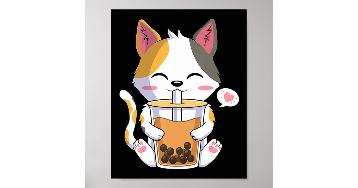 Cat Boba Tea Bubble Tea Anime Kawaii Neko Girl Tee Poster | Zazzle