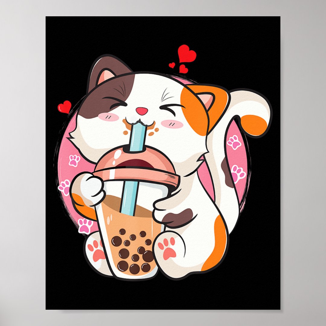 Cat Boba Tea Bubble Tea Anime Kawaii Neko Kids Tee Poster | Zazzle