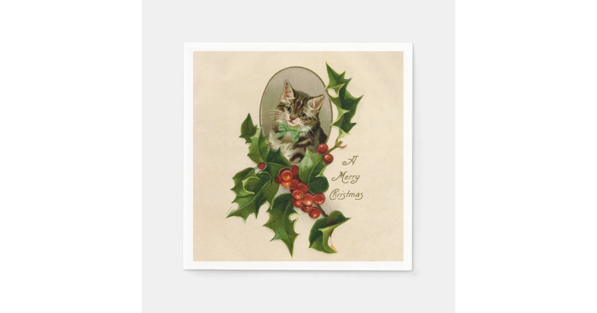 Cat Christmas Merry Holly Kitten Antique Art Napkins | Zazzle