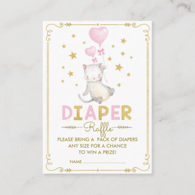 Cat Diaper Raffle Girl Kitten Pink Gold Star Baby Enclosure Card | Zazzle