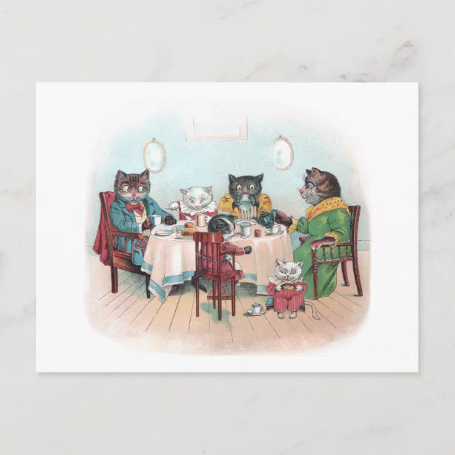 Cat Family Sits Down to Breakfast Postcard | Zazzle