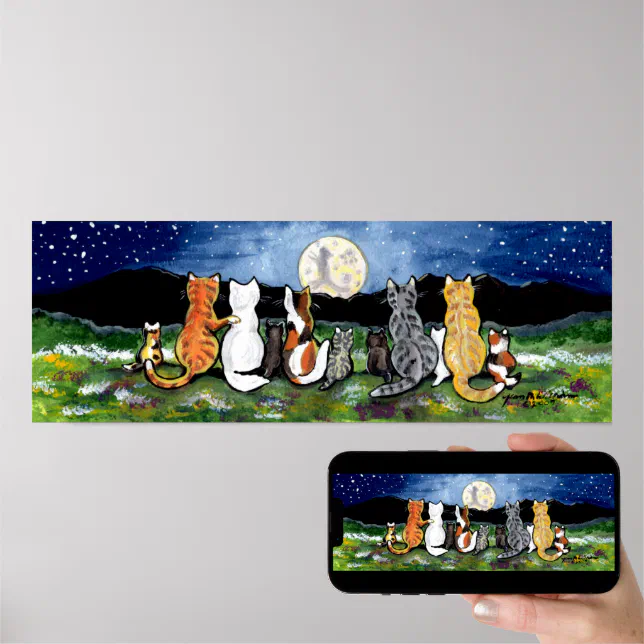 Cat Family Watching Moon Night Poster Navy Tabby | Zazzle