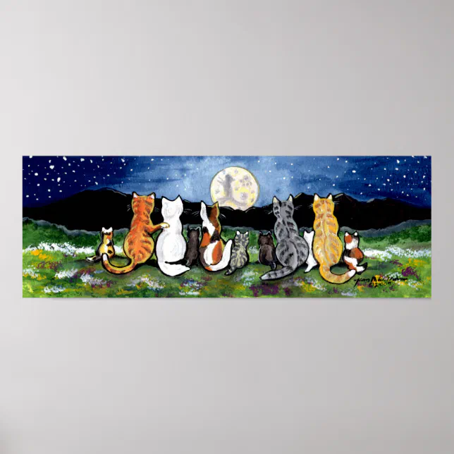 Cat Family Watching Moon Night Poster Navy Tabby | Zazzle