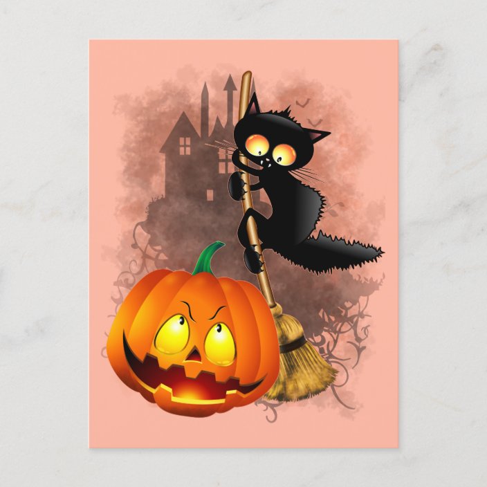 Cat Fun Halloween Character scared by a Pumpkin Postcard | Zazzle.com