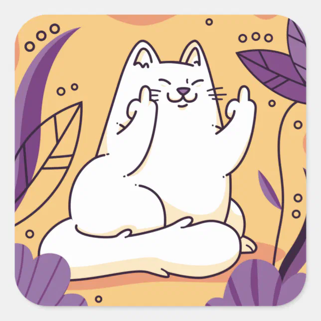 Cat giving the finger square sticker | Zazzle