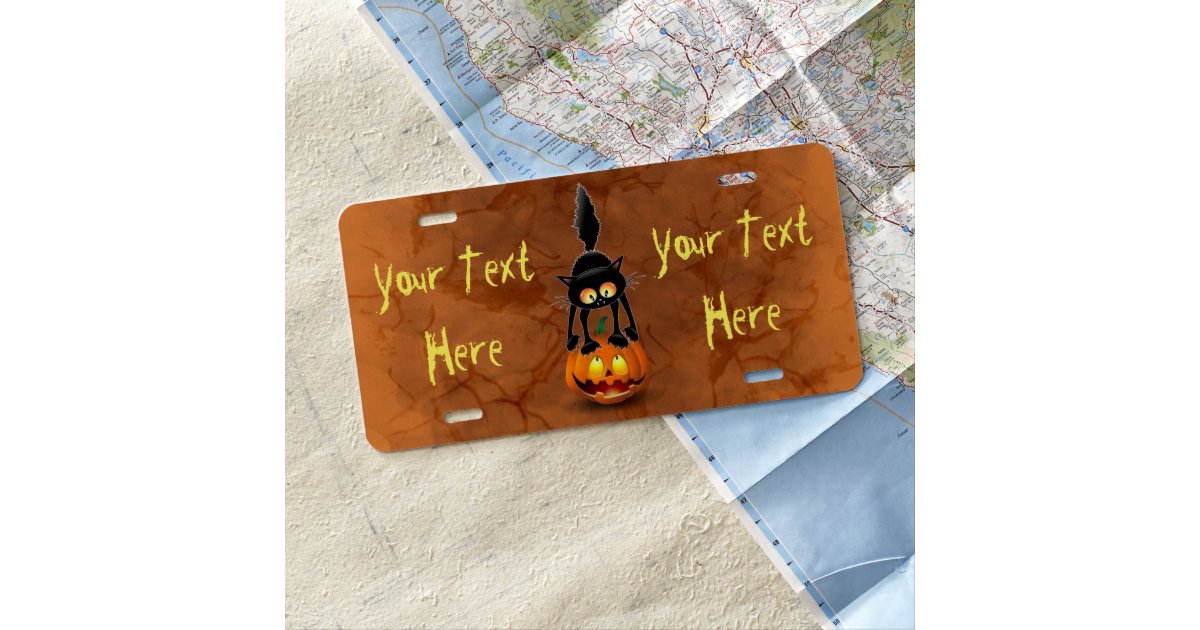 Cat Halloween Scared Cartoon on Pumpkin License Plate | Zazzle