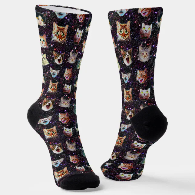 Cat Heads in Outer Space Funny Galaxy Pattern Socks | Zazzle