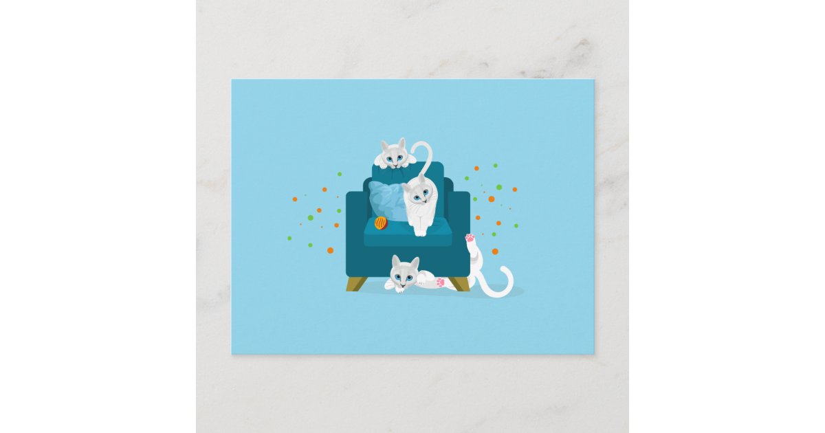 Cat illustration - 3 white cats up to mischief postcard | Zazzle