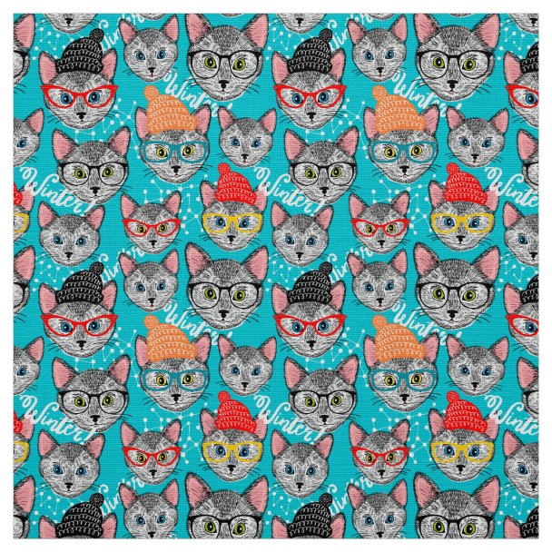 Hipster Cute Cats Pattern Fabric | Zazzle