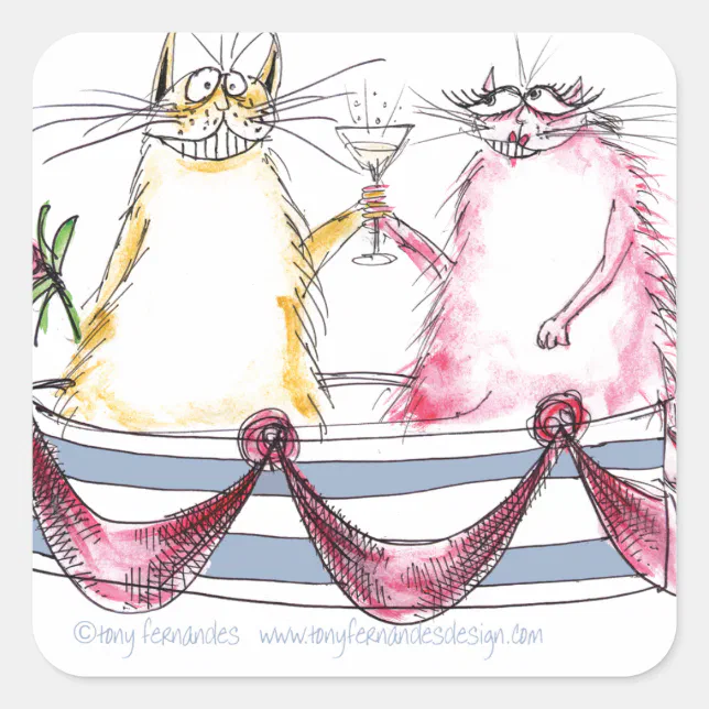 cat love - funny cartoon, tony fernandes square sticker | Zazzle