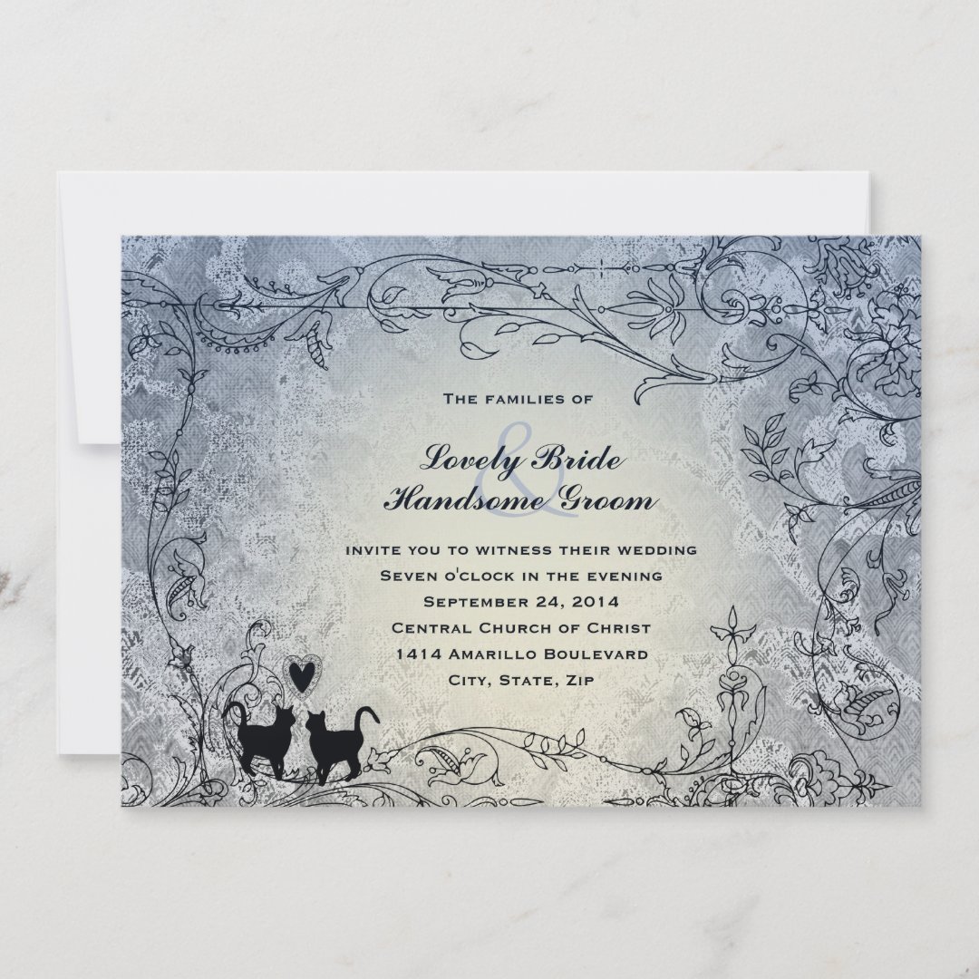 Cat Lovers Ornate Blue Vintage Wedding Invitation | Zazzle