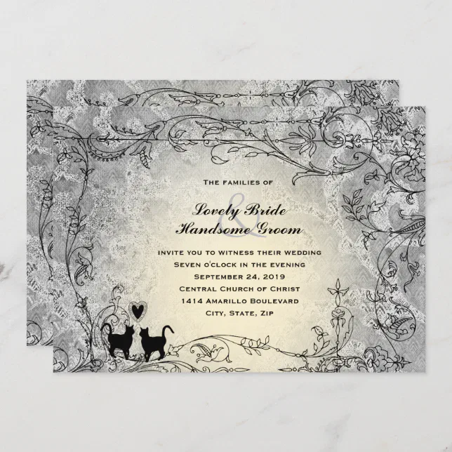 Cat Lovers Ornate Grey Gold Vintage Wedding Invitation | Zazzle