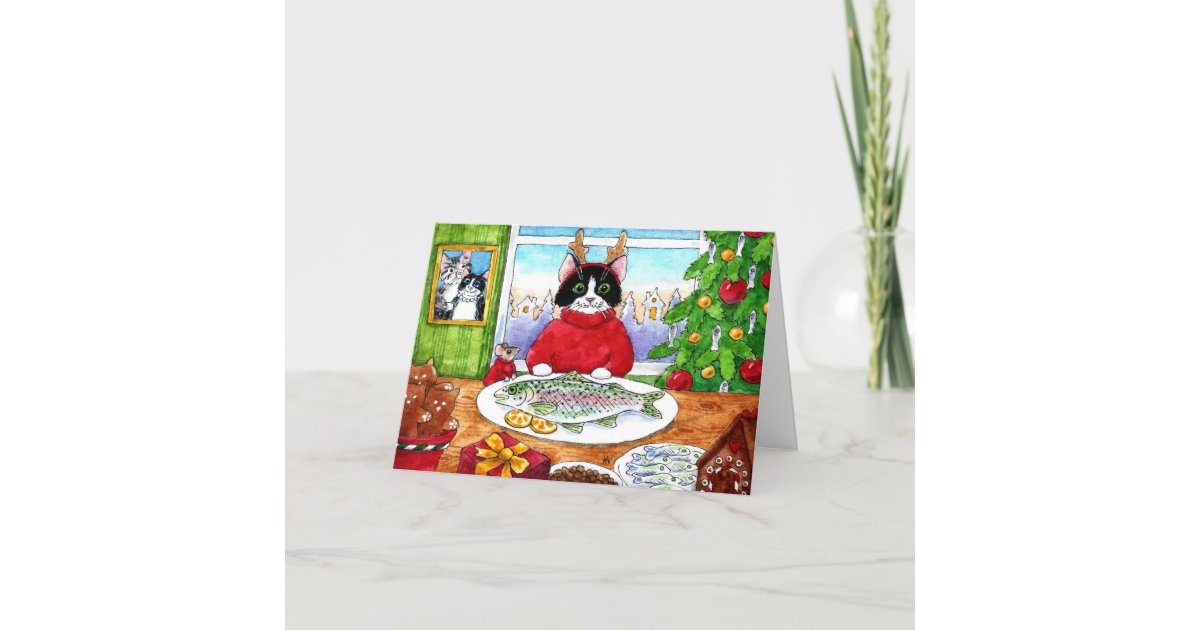 Cat, mouse, fish Christmas Holiday Card | Zazzle