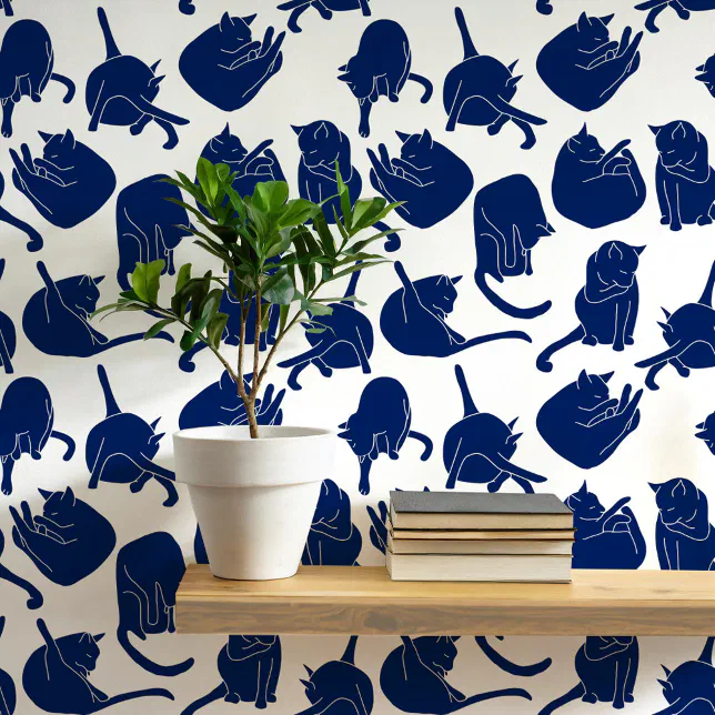 Cat Pattern Blue and White Wallpaper | Zazzle