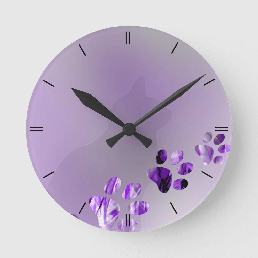 Cat Paw Violete Round Clock | Zazzle