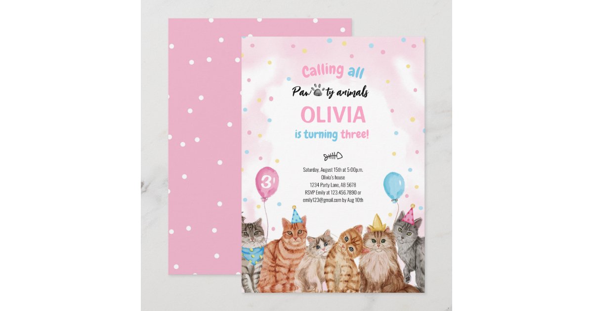 Cat Pawty Animals Girl Birthday Invitation | Zazzle