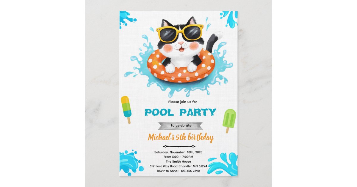 Cat pool party invitation | Zazzle