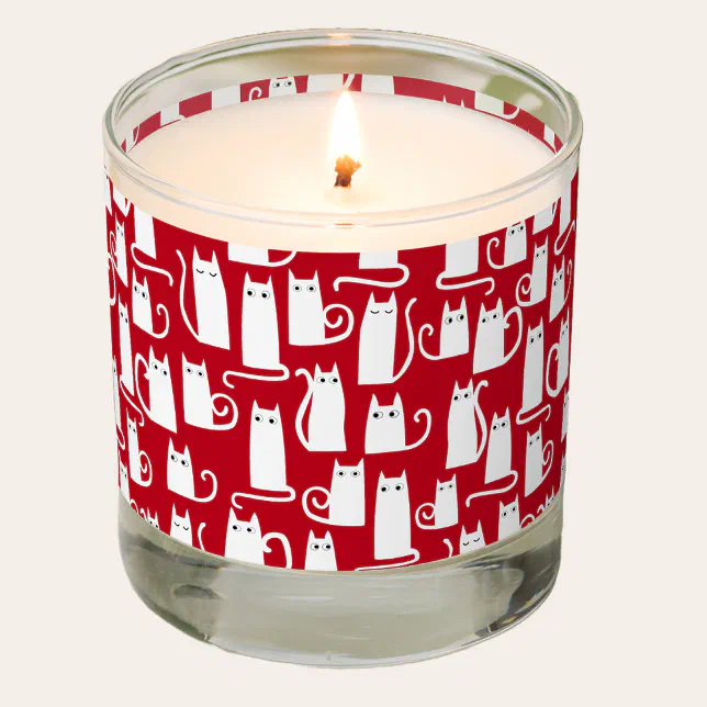 Cat Red and White Pattern Scented Candle | Zazzle