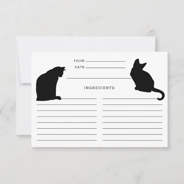 Cat Silhouettes Black and White Recipe Cards | Zazzle