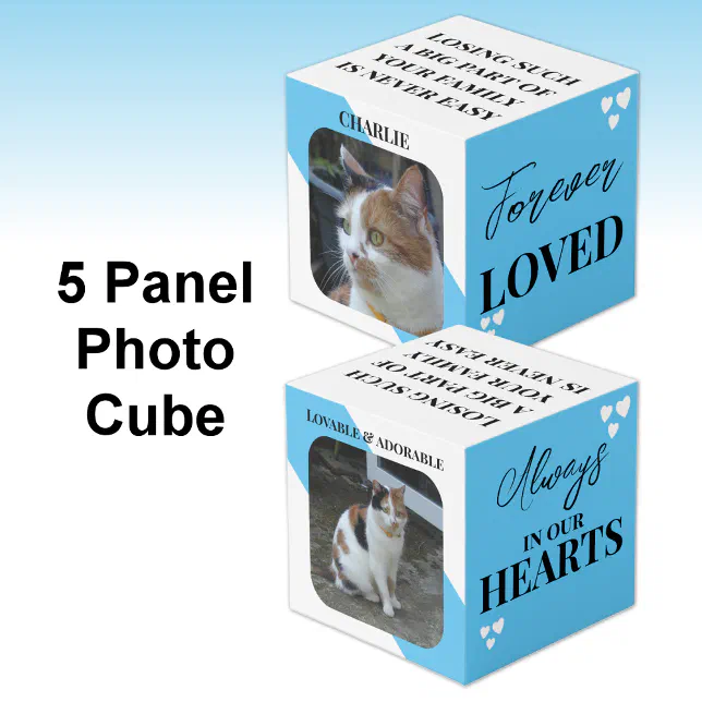 Cat Sympathy Keepsake Pet Memorial blue photo Cube | Zazzle
