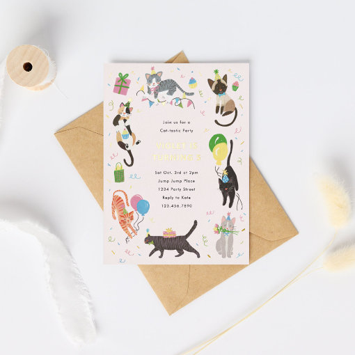 Cat-Tastic Kitty Cat Birthday Party With Gold Foil Invitation | Zazzle