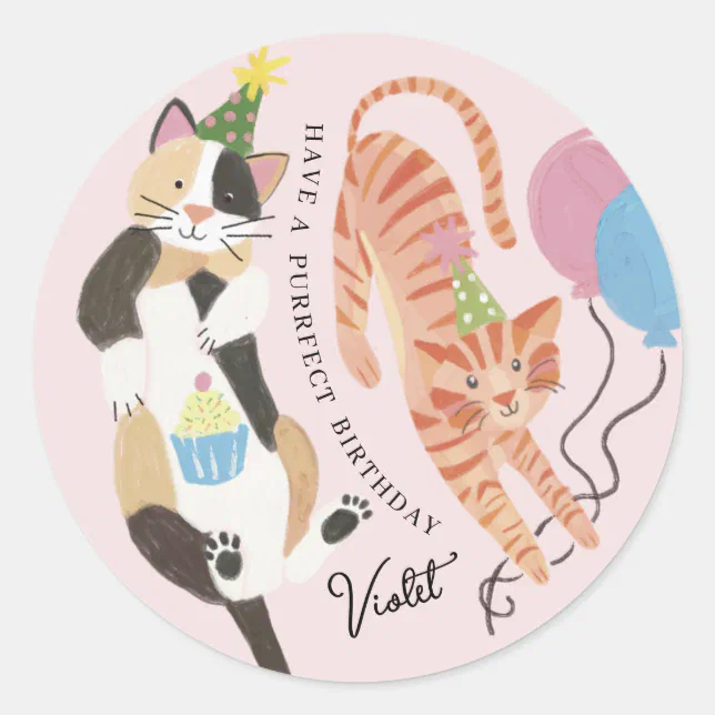 Cat-tastic Purrfect Birthday Party Custom Classic Round Sticker | Zazzle