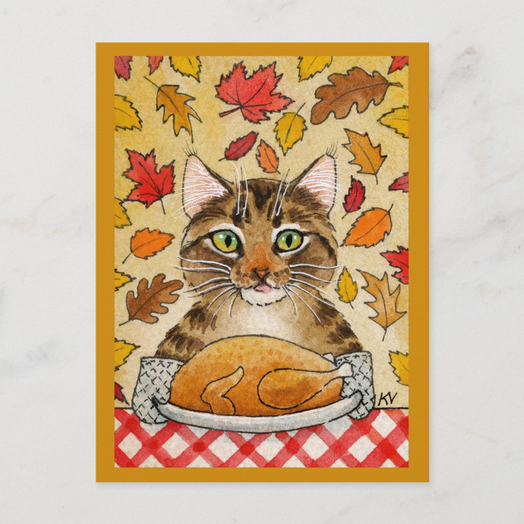 Cat Thanksgiving Turkey Dinner Fall Leaves Postcard | Zazzle