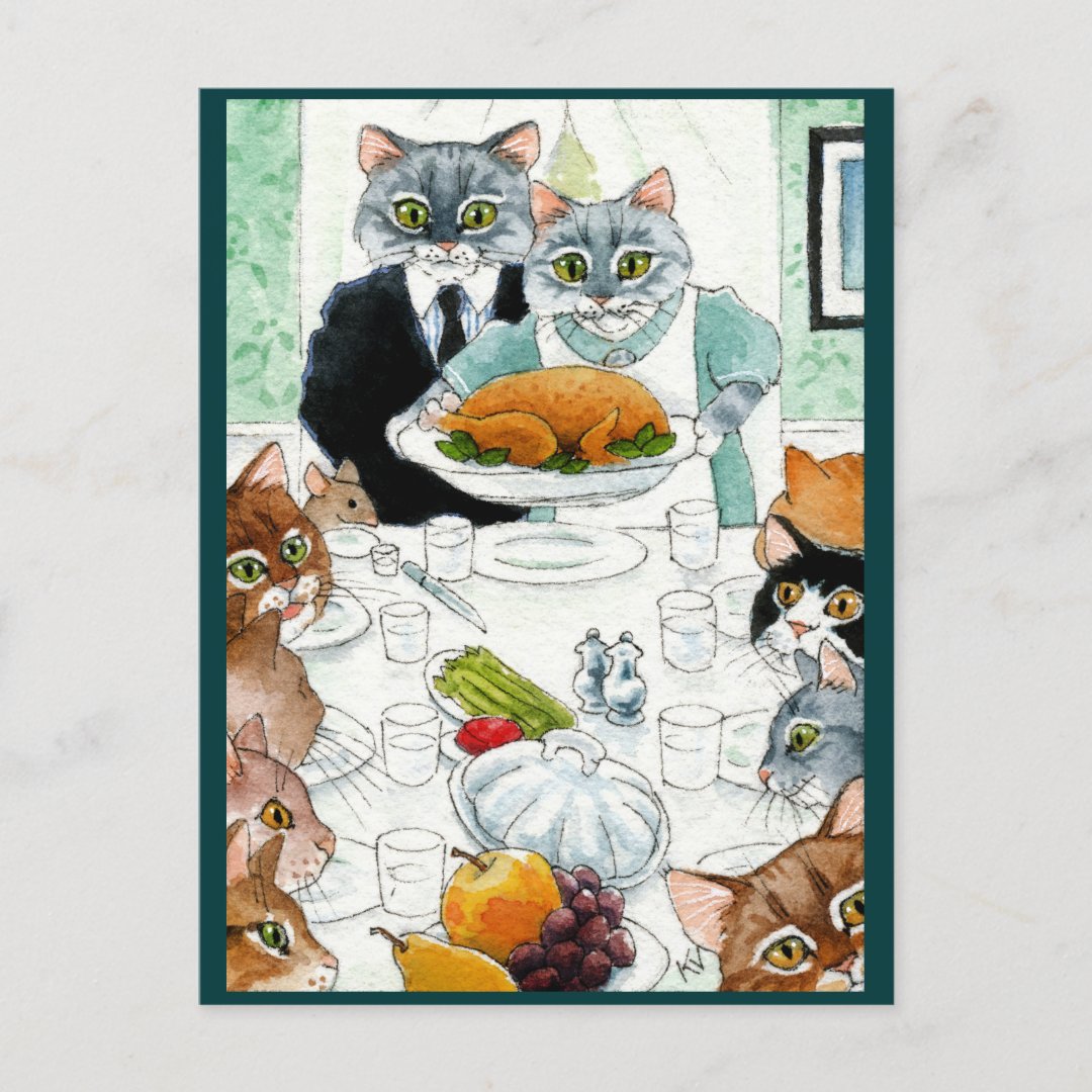 Cat Thanksgiving Turkey Dinner Friendsgiving Postcard | Zazzle