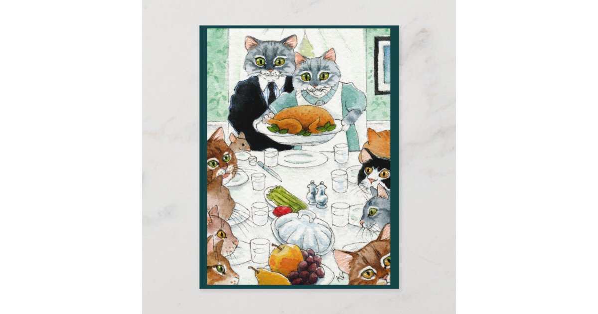 Cat Thanksgiving Turkey Dinner Friendsgiving Postcard | Zazzle