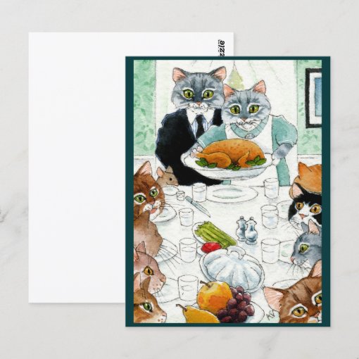 Cat Thanksgiving Turkey Dinner Friendsgiving Postcard | Zazzle