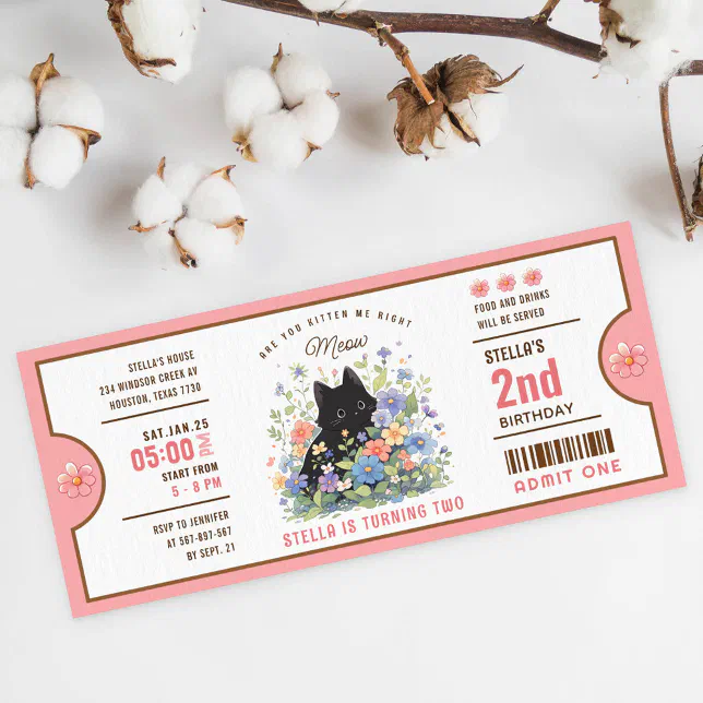 Cat-Themed Birthday Ticket Invitation | Cute Black | Zazzle