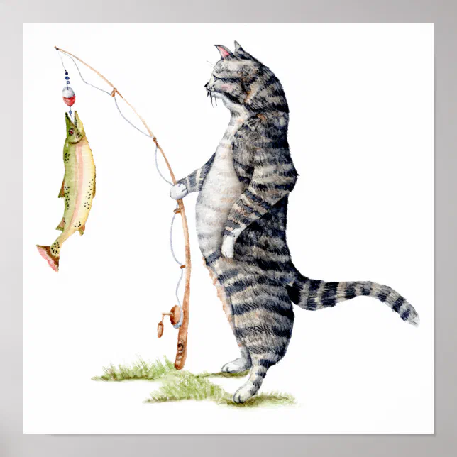 Cat with a Fish Poster | Zazzle