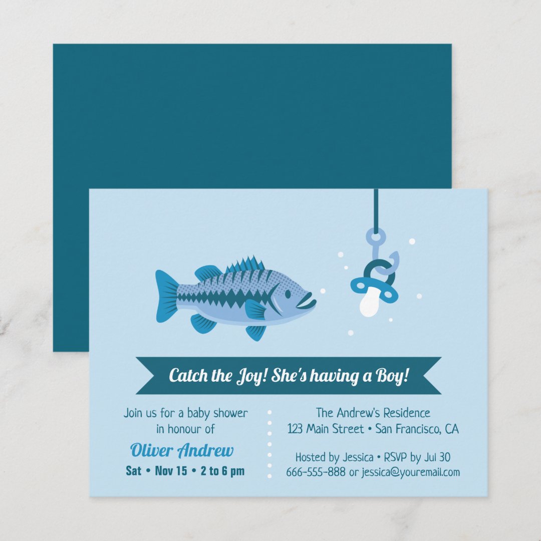 Catch the Joy Sea Bass Fishing Themed Baby Shower Invitation | Zazzle