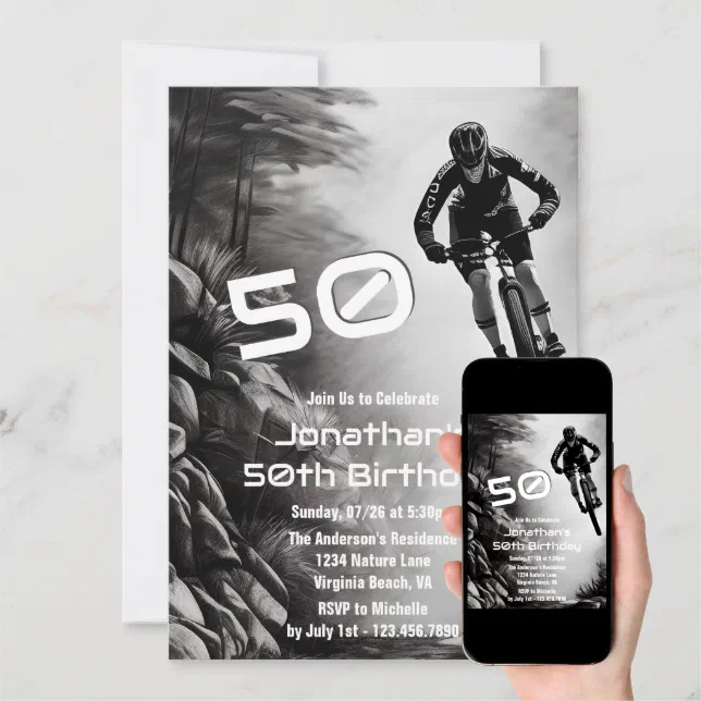 Catching Air - Mountain Bike Sketch 50th Birthday Invitation | Zazzle