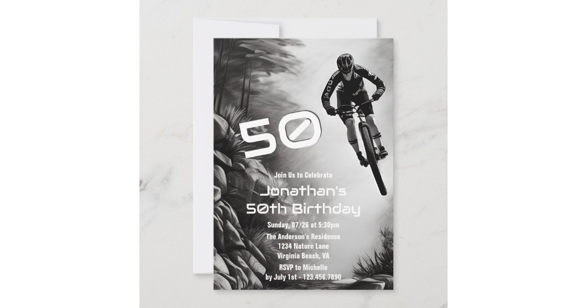 Catching Air - Mountain Bike Sketch 50th Birthday Invitation | Zazzle