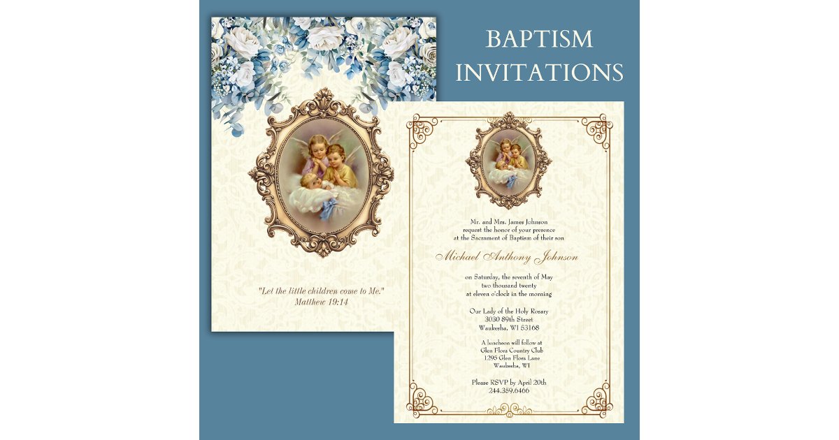 Catholic Baptism Christening Angels Floral Invitation | Zazzle