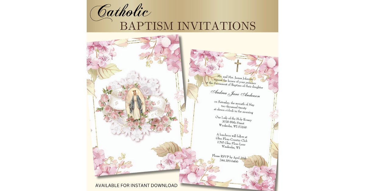 Catholic Baptism Christening Blessed Mary Floral Invitation | Zazzle