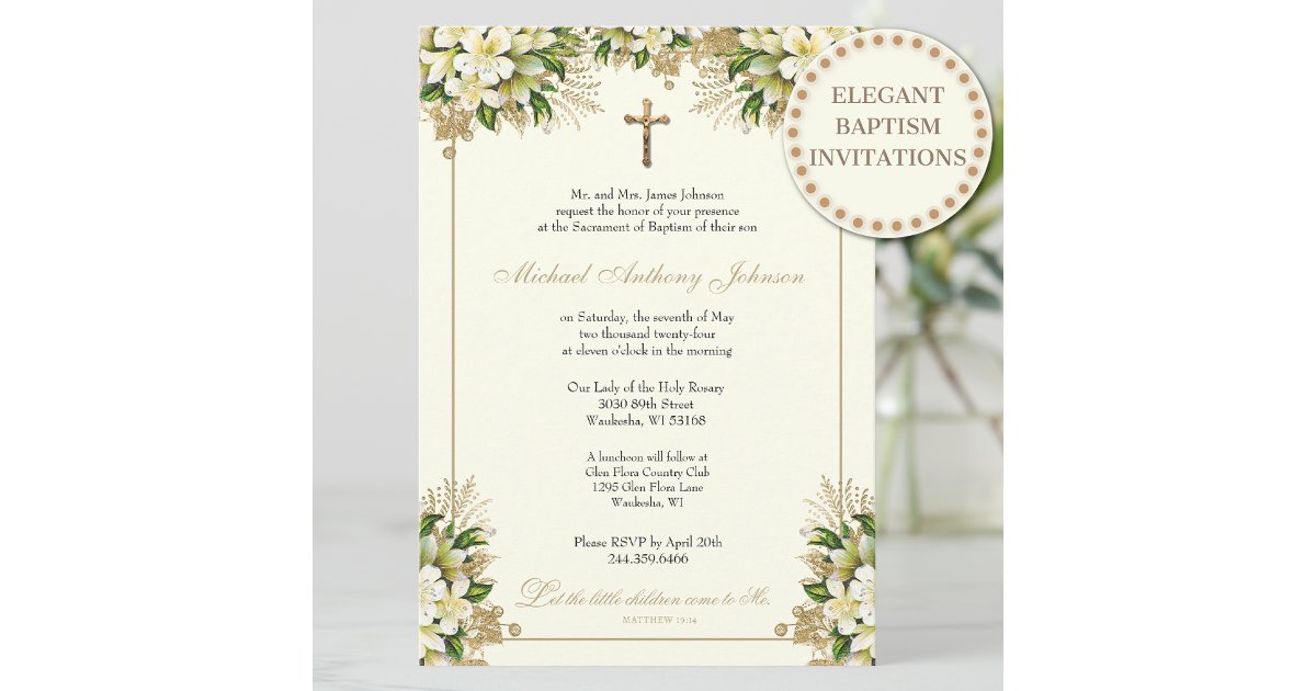 Catholic Baptism Christening Gold Floral Invitation | Zazzle