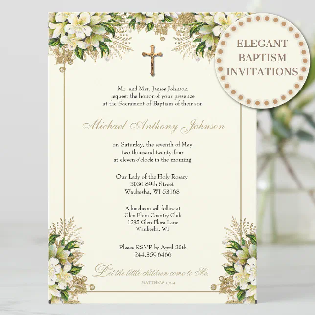 Catholic Baptism Christening Gold Floral Invitation | Zazzle