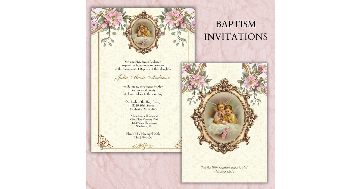 Catholic Baptism Christening Guardian Angels Baby Invitation | Zazzle