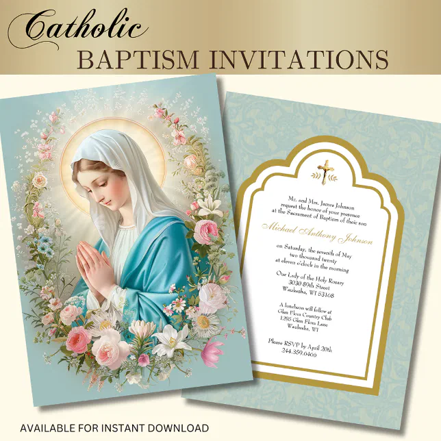 Catholic Baptism Floral Mary and Jesus Invitation | Zazzle