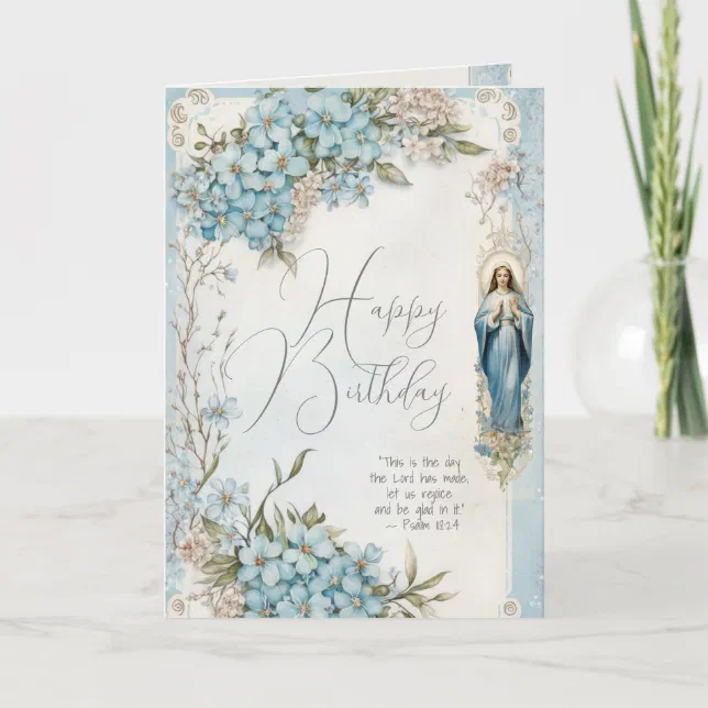 Catholic Birthday Mary Blue Floral Scripture Card | Zazzle