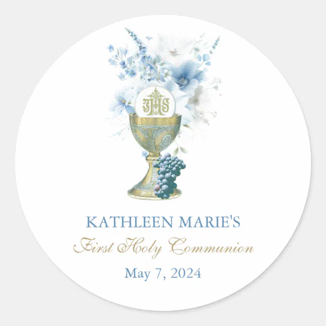 Catholic Blue Floral First Communion Eucharist Classic Round Sticker ...