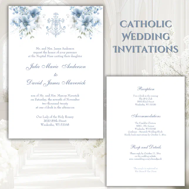 Catholic Blue Floral Religious Mary Wedding Invitation | Zazzle