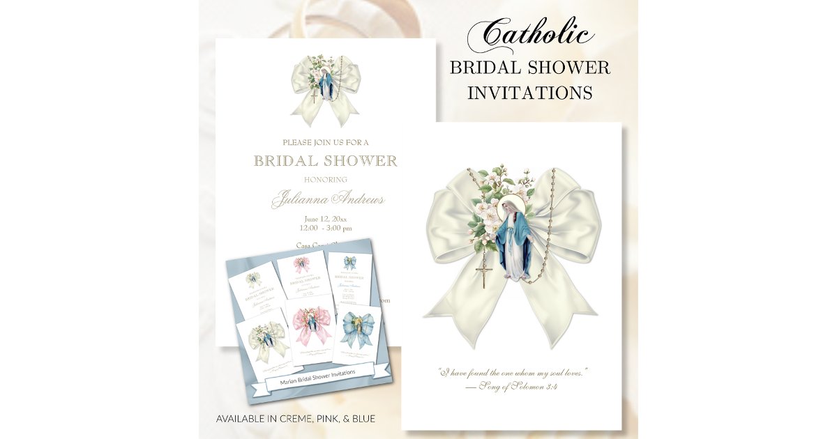 Catholic Bridal Shower Blessed Mary Creme Rosary Invitation | Zazzle
