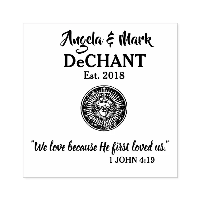 Catholic Bride & Groom Name with Scripture Rubber Stamp | Zazzle