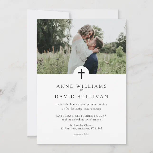 Catholic Christian Simple Cross with Photo Wedding Invitation | Zazzle