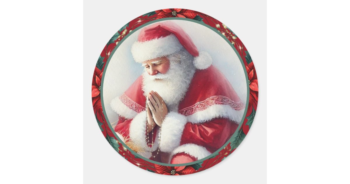 Catholic Christmas Santa with Rosary Poinsettias Classic Round Sticker ...